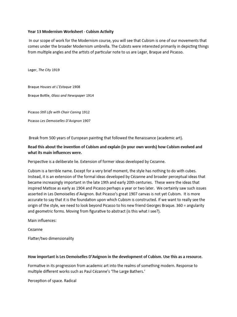 Cubism Worksheet | PDF | Cubism | Pablo Picasso