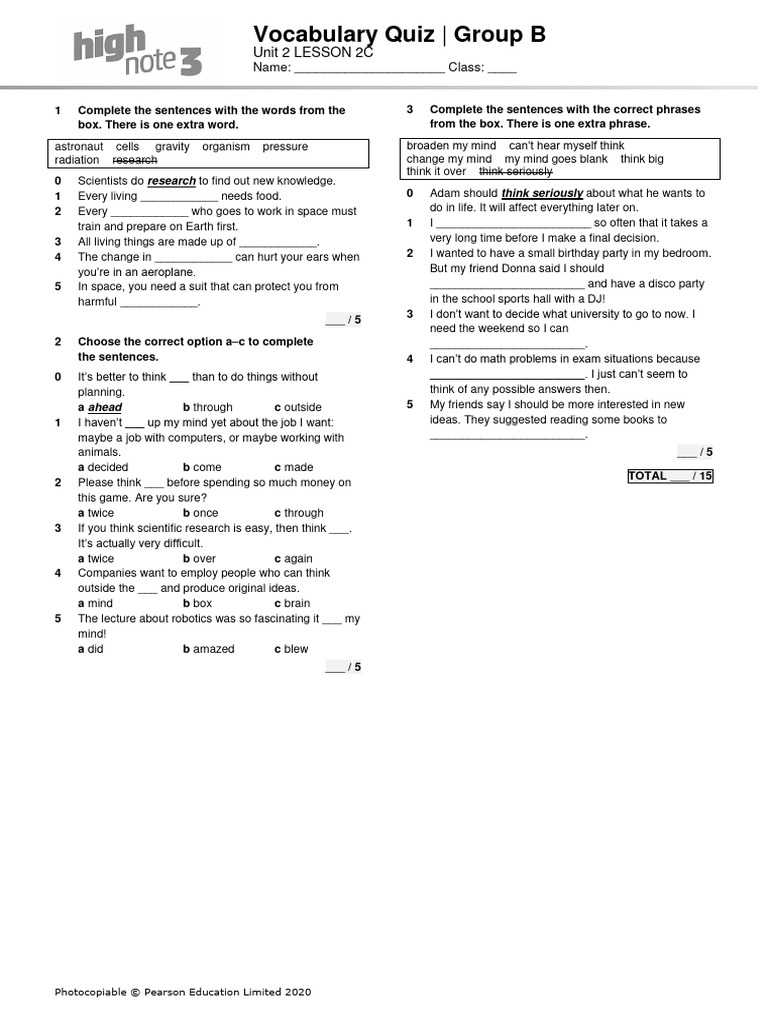 HighNote3 Vocabulary Quiz Unit02C GroupB | PDF | Mind | Cognition
