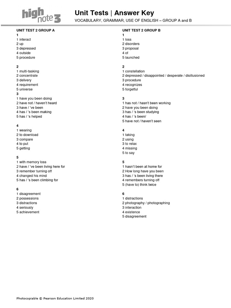 High Note 3 Unit 2 Test Answers | PDF | Brain | Cognitive Science