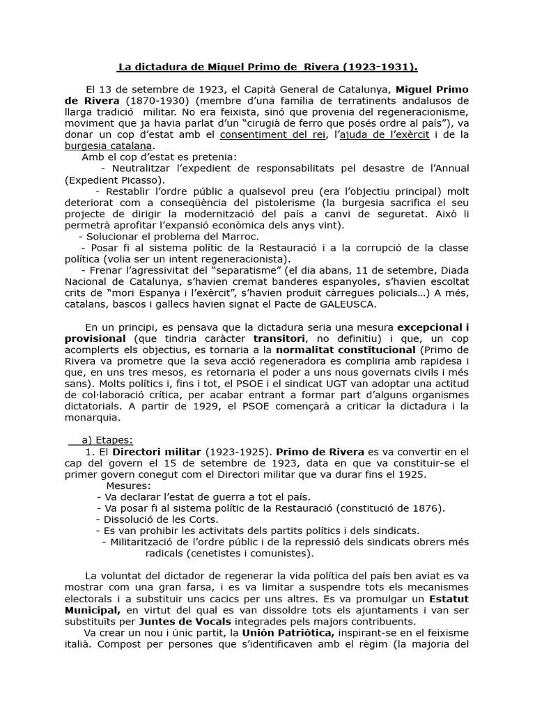 Dictadura Primo de Rivera (1923-1931) i 2a Republica | PDF