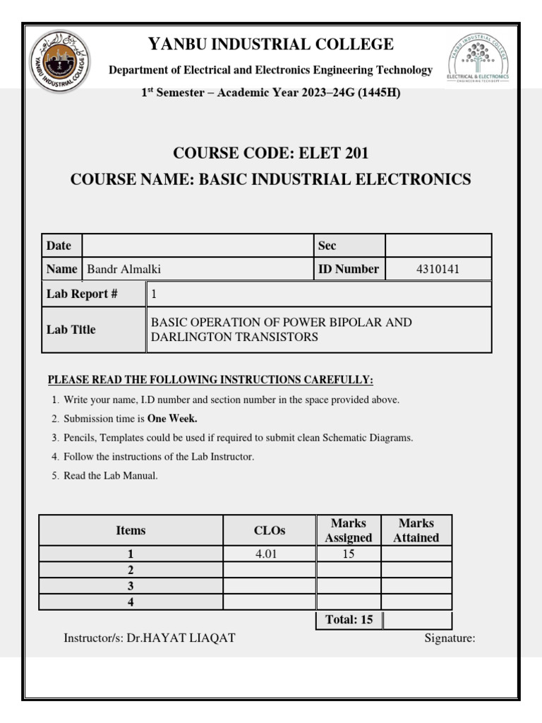 Lab Reports Cover Page Updated - ELET 201-21-22 - New | PDF | Bipolar Junction Transistor ...