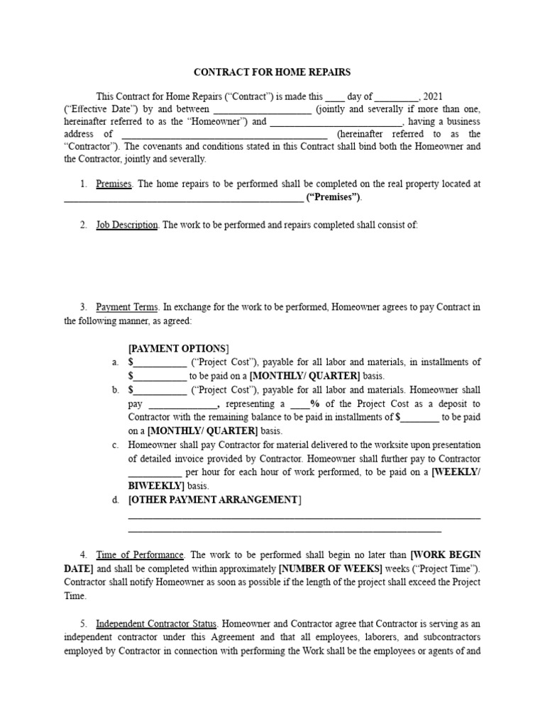 PDF Template Home Repair Contract Template | PDF | Employment | Damages