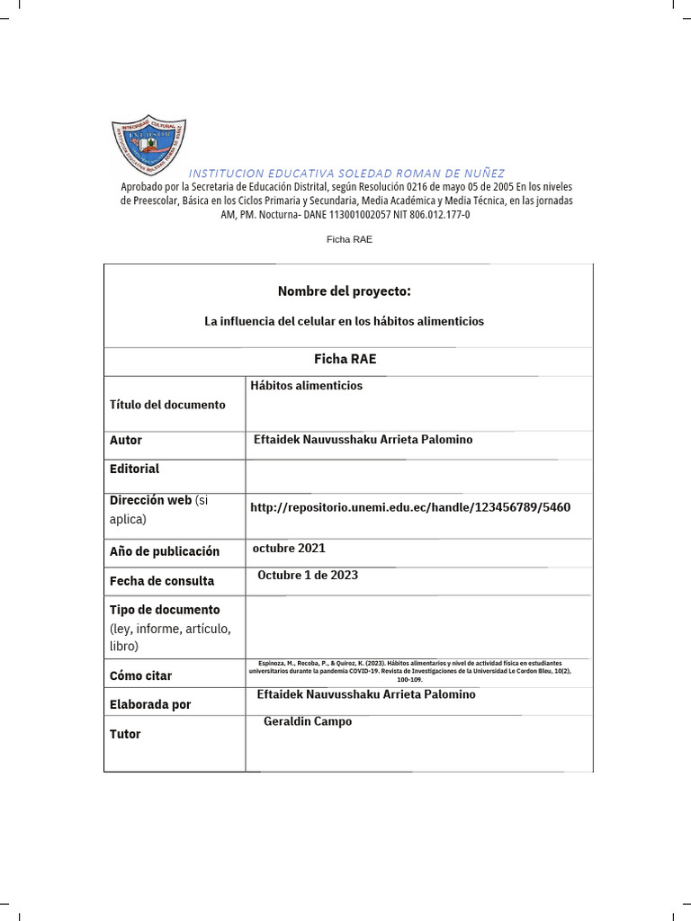 Nombre Del Proyecto Ficha RAE - 20231002 - 015643 - 0000 | PDF ...