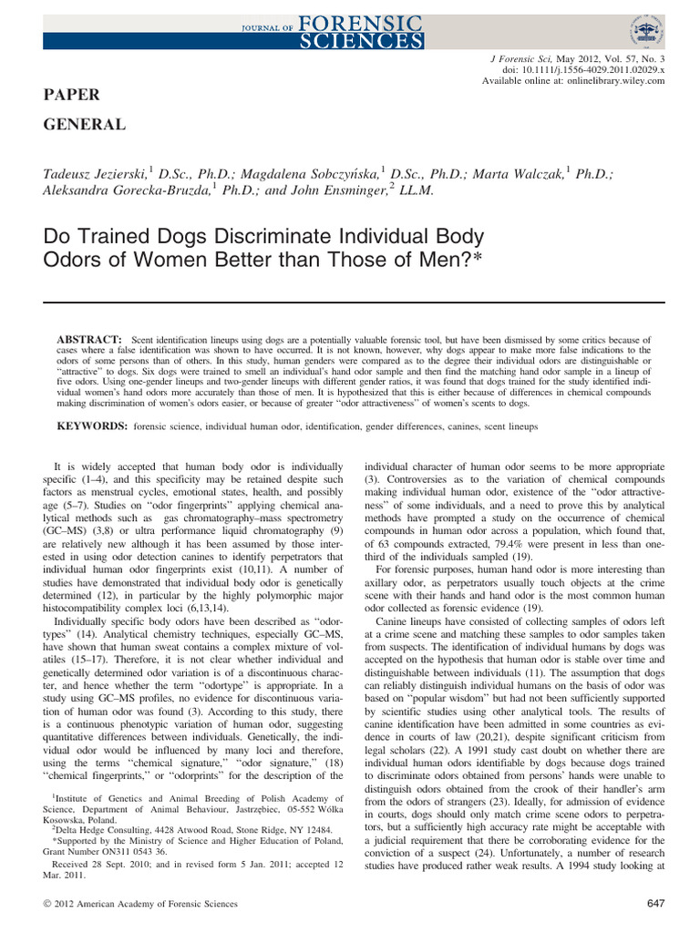 Do Trained Dogs Discriminate Individual Body | PDF | Odor | Gas ...
