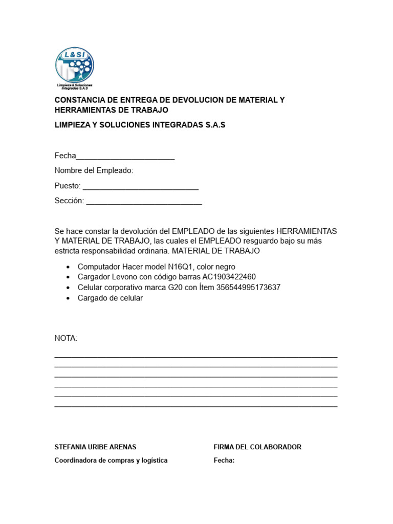 Constancia de Entrega de Devolucion de Material y Herramientas de Trabajo | PDF