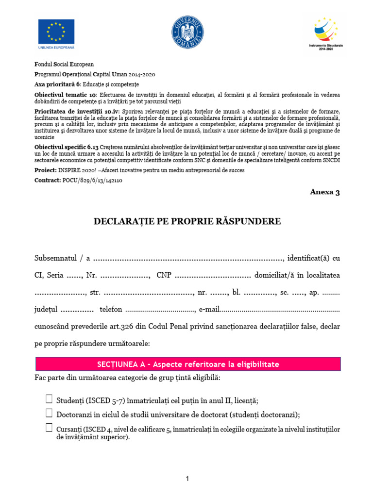 03 Declaratie Proprie Răspundere | PDF