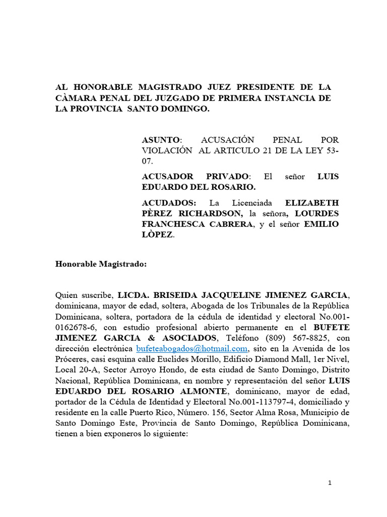 MODELO, QUERELLA Lista | PDF | República Dominicana | Privacidad MODELO, QUERELLA Lista | PDF | República Dominicana | Privacidad