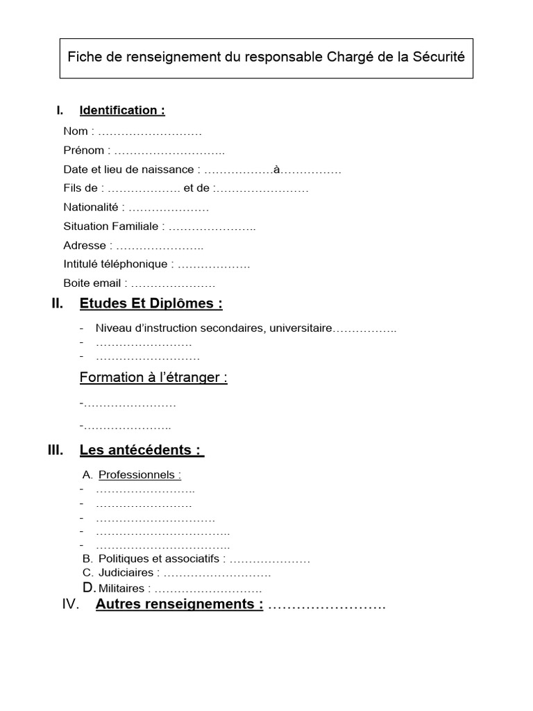 Fiche de renseignement sécurité responsable | PDF