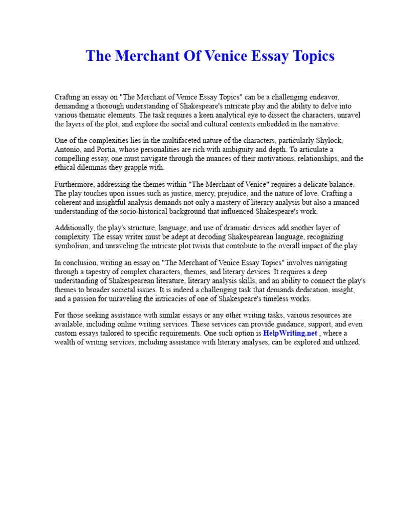 The Merchant of Venice Essay Topics | PDF | Spanish Empire | New Spain