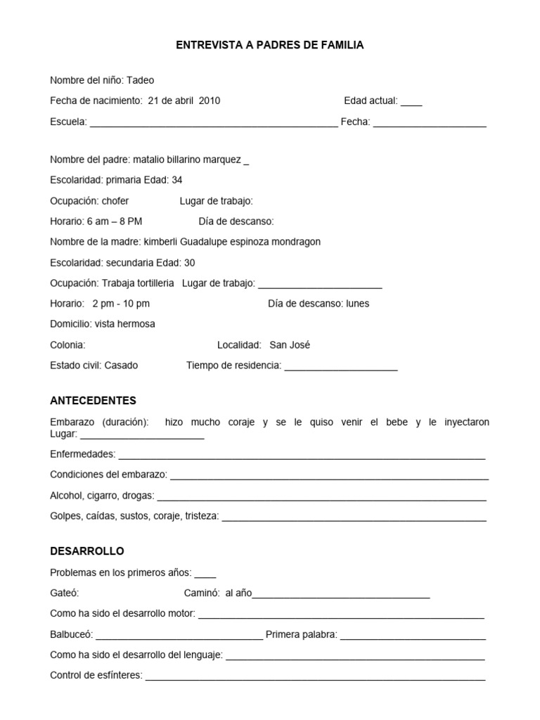 Entrevista Padres de Familia (Formato) | PDF