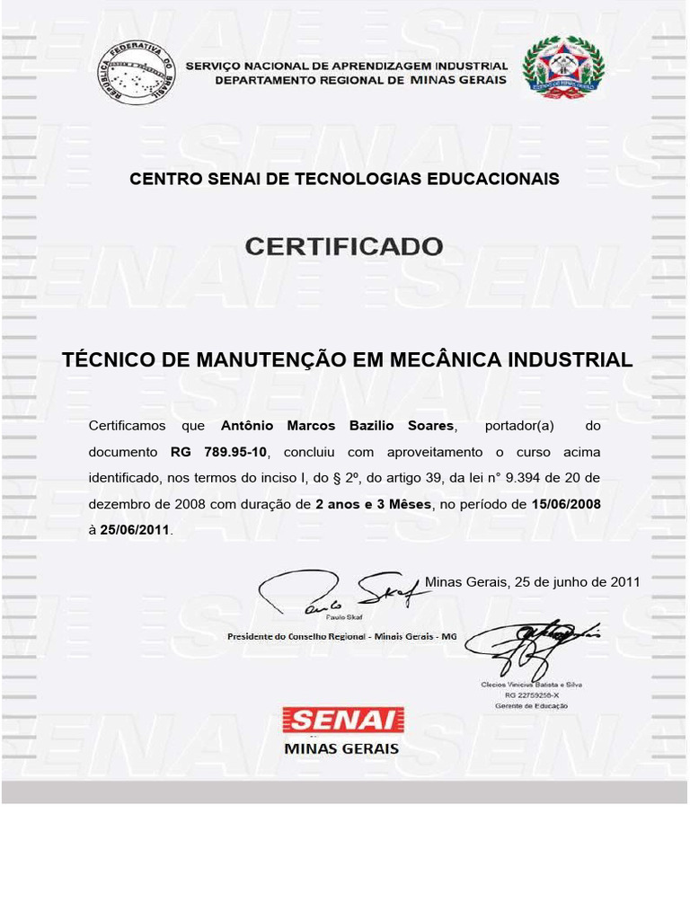 Certificado Senai - Antônio Marcos Bazilio Soares | PDF