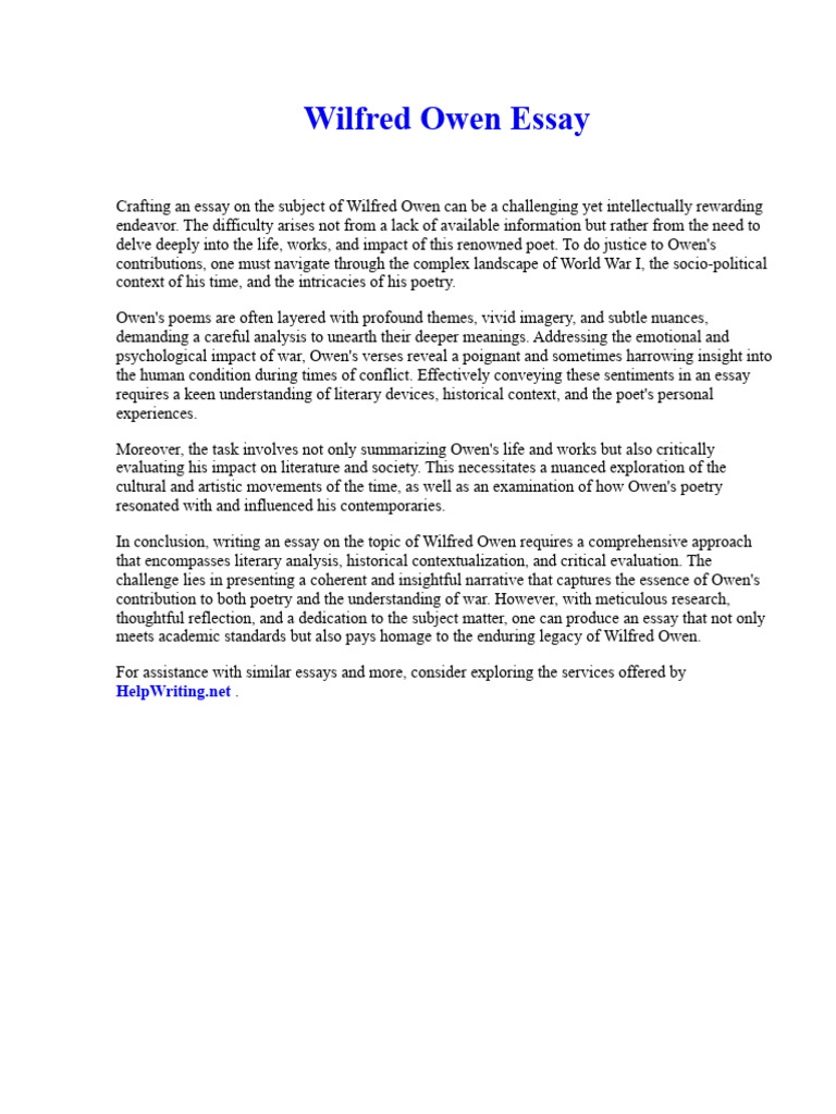 Wilfred Owen Essay | PDF | Poetry | Essays