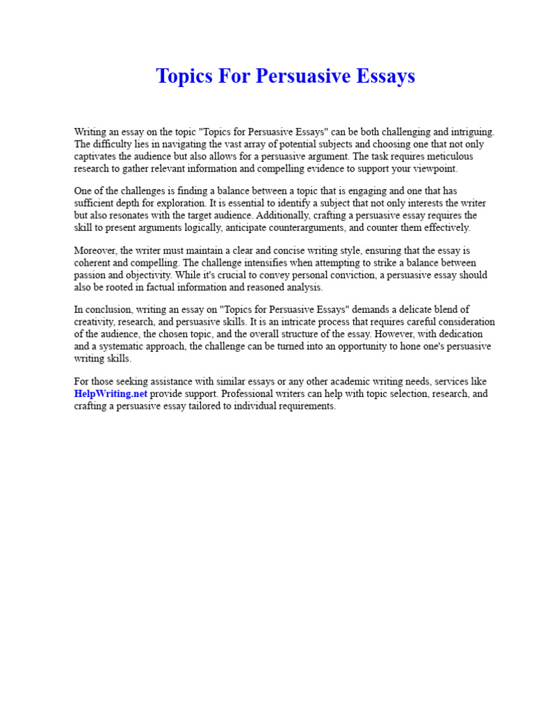 Topics For Persuasive Essays | PDF | Essays | Argument