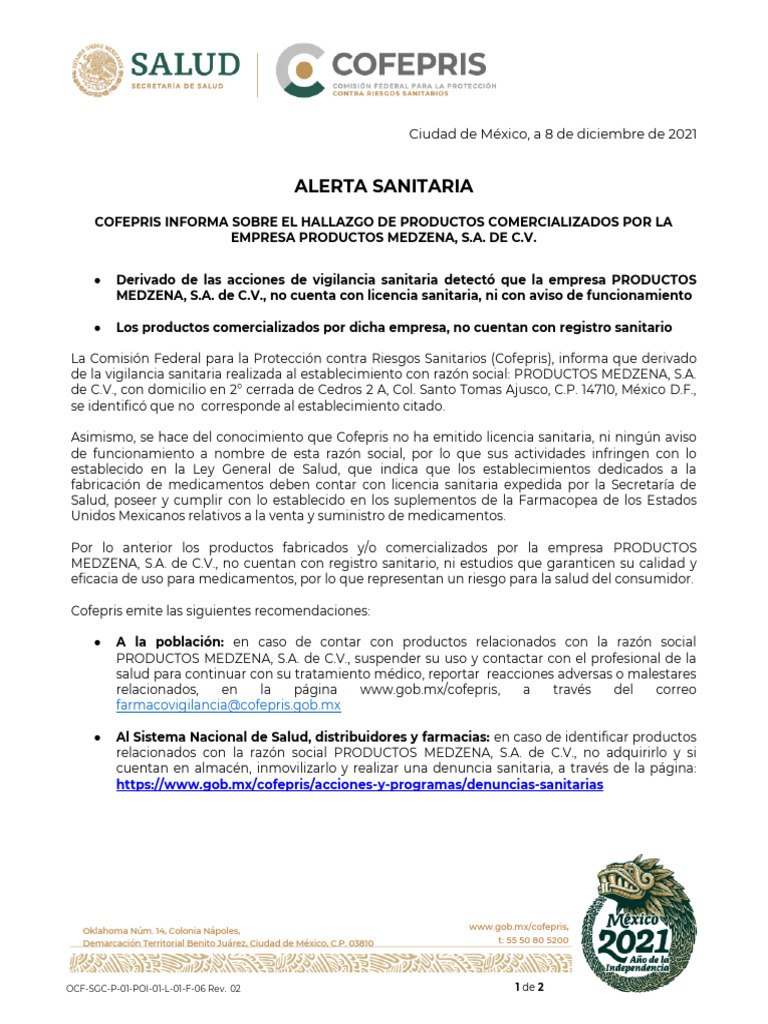 Alerta Sanitaria Productos Medzena 08122021 | PDF | Cuidado de la salud ...
