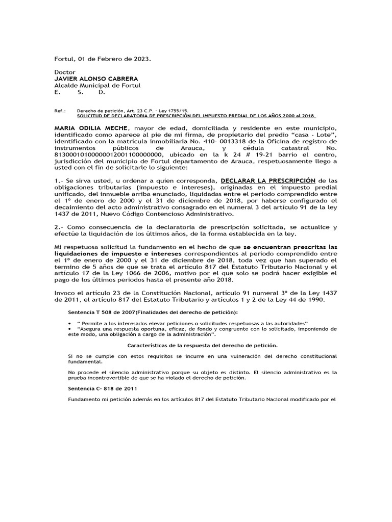 Petición Para No Pagar Impuesto Predial Pdf Estatuto De