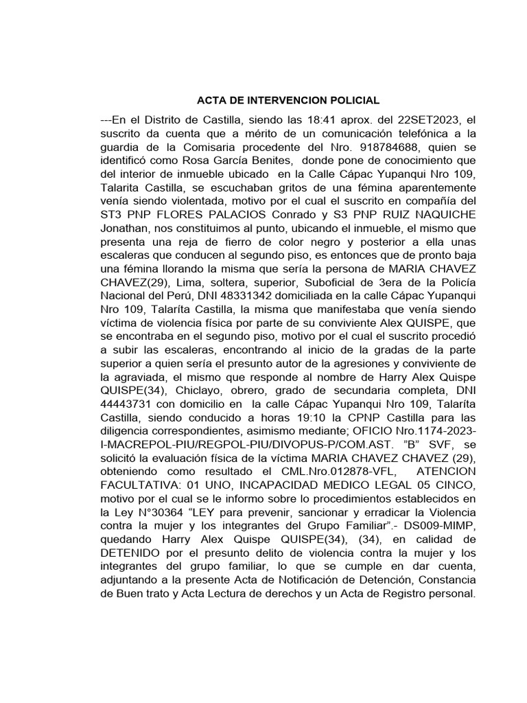 Acta de Intervencion Policial | PDF | Gobierno | Derechos humanos