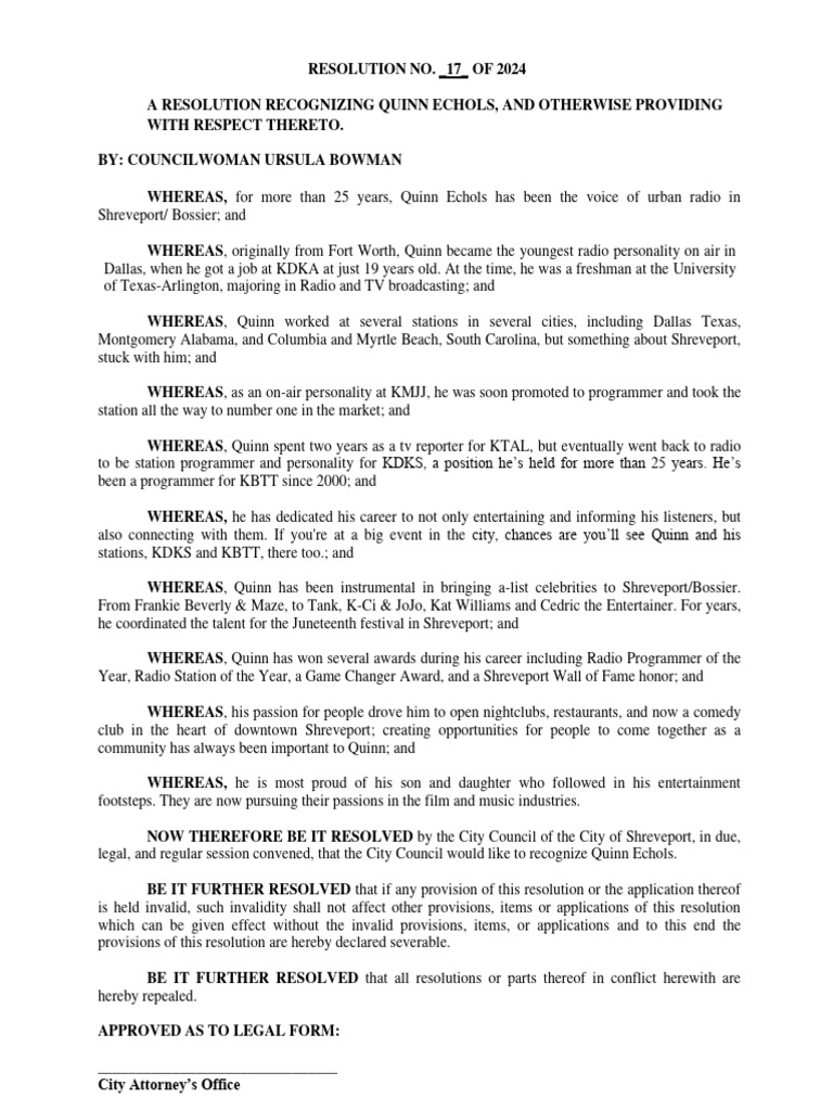 Resolution 17 Honoring Quinn Echols | Download Free PDF | Radio | Telecommunications
