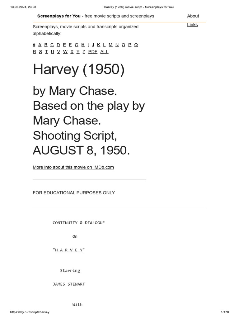 Harvey (1950) Movie Script - Screenplays For You | PDF