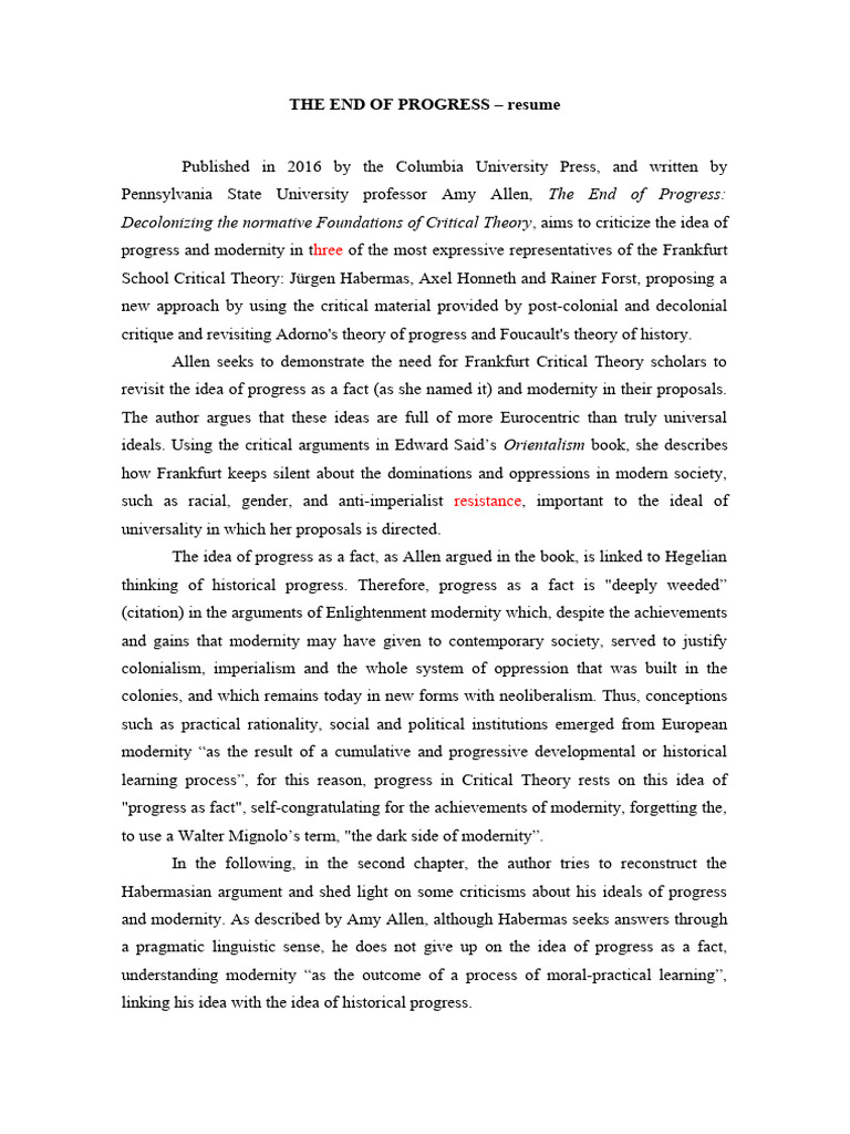 Resume The End of Progress | PDF | Critical Theory | Jürgen Habermas