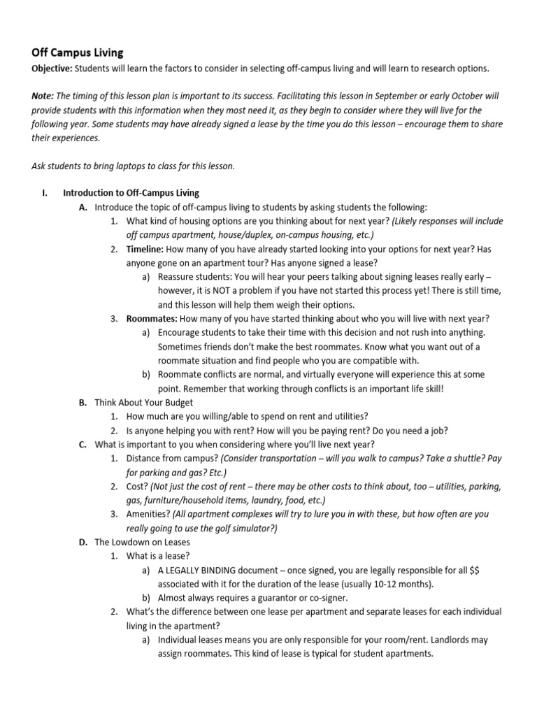 BTC Artifact 2 - Off Campus Living Lesson Plan | PDF | Lease | Roommate
