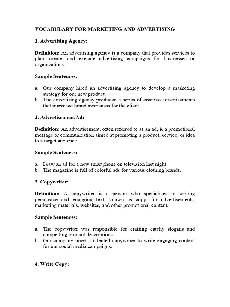 Vocabulary For Marketing and Advertising | PDF | Advertising | Brand
