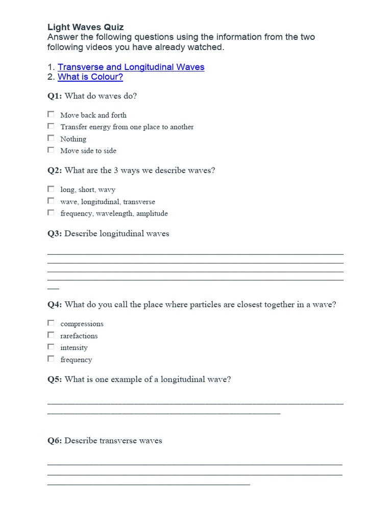 Light Waves Quiz Questions | PDF | Waves | Light