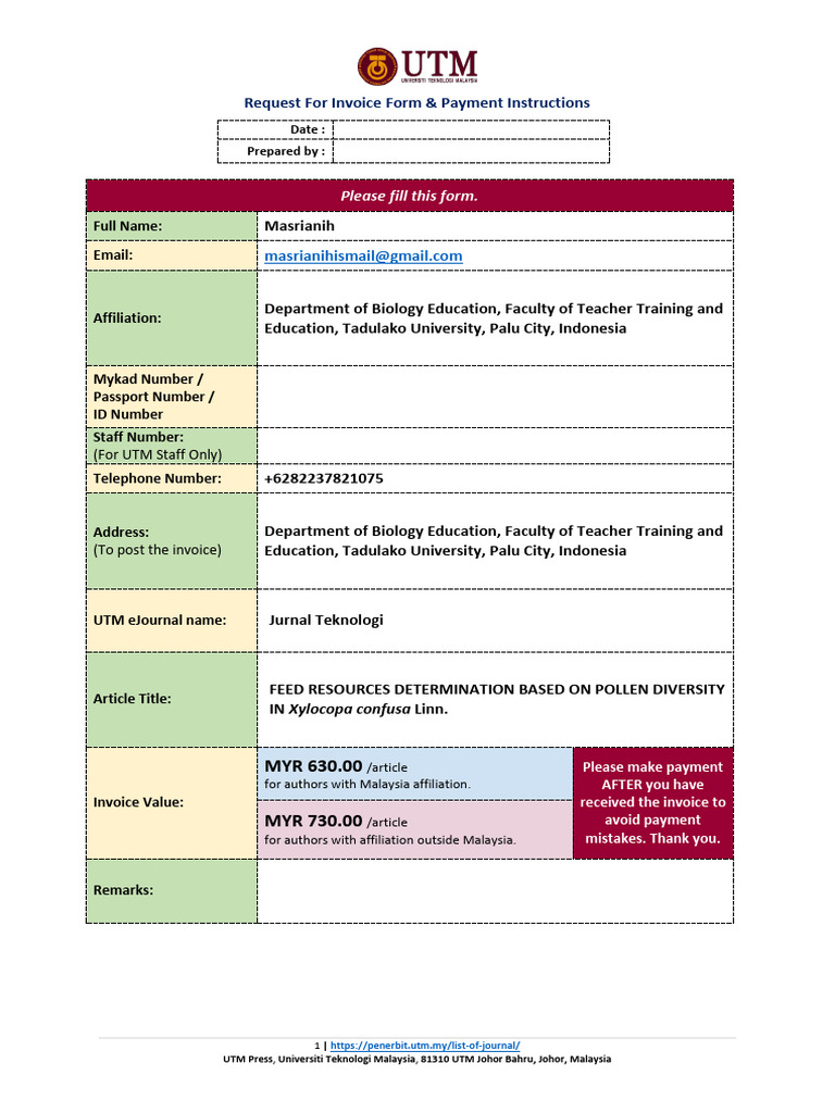 Invoice Request Form and Payment Instructions UTM Ejournal REGULAR ...