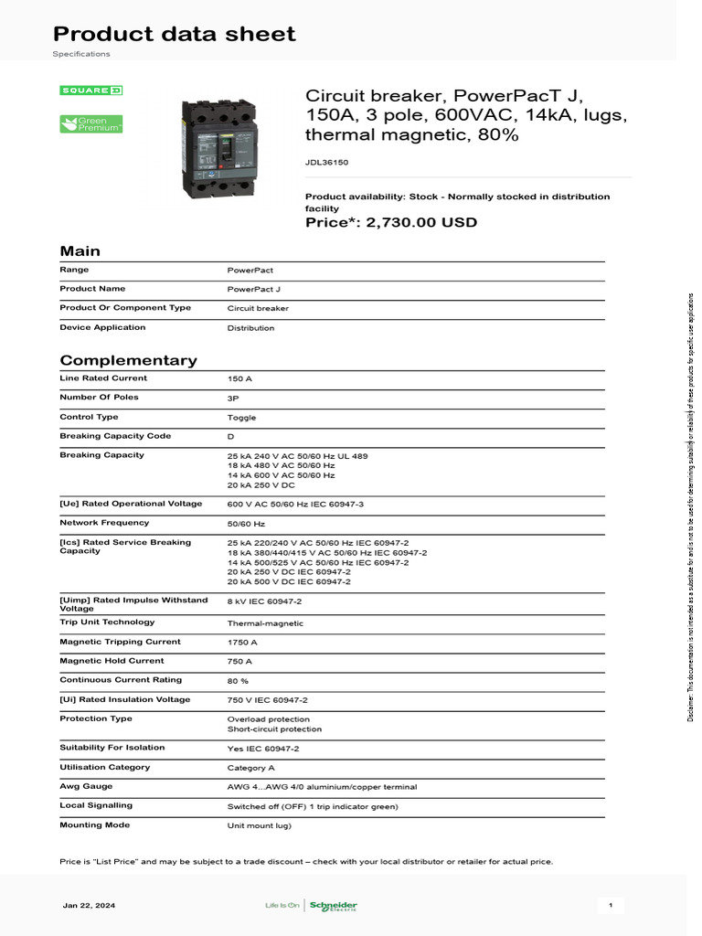 PowerPacT J 150A Circuit Breaker Specs | PDF | Alternating Current ...