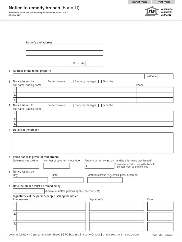 Form 11: Notice to Remedy Breach | PDF | Leasehold Estate | Real ...