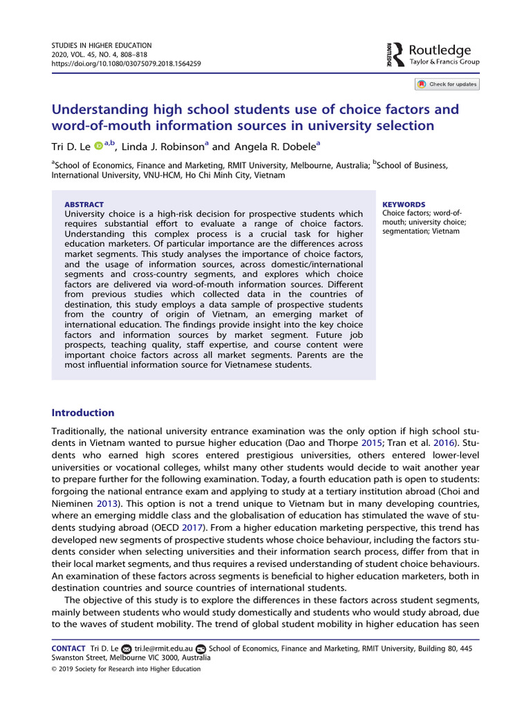 Understanding High School Students Use of Choice Factors | PDF ...