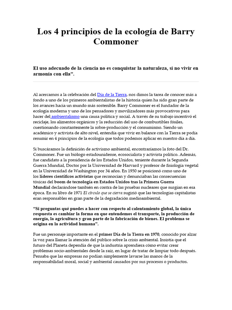 Los 4 Principios de La Ecología de Barry Commoner | PDF | Entorno ...