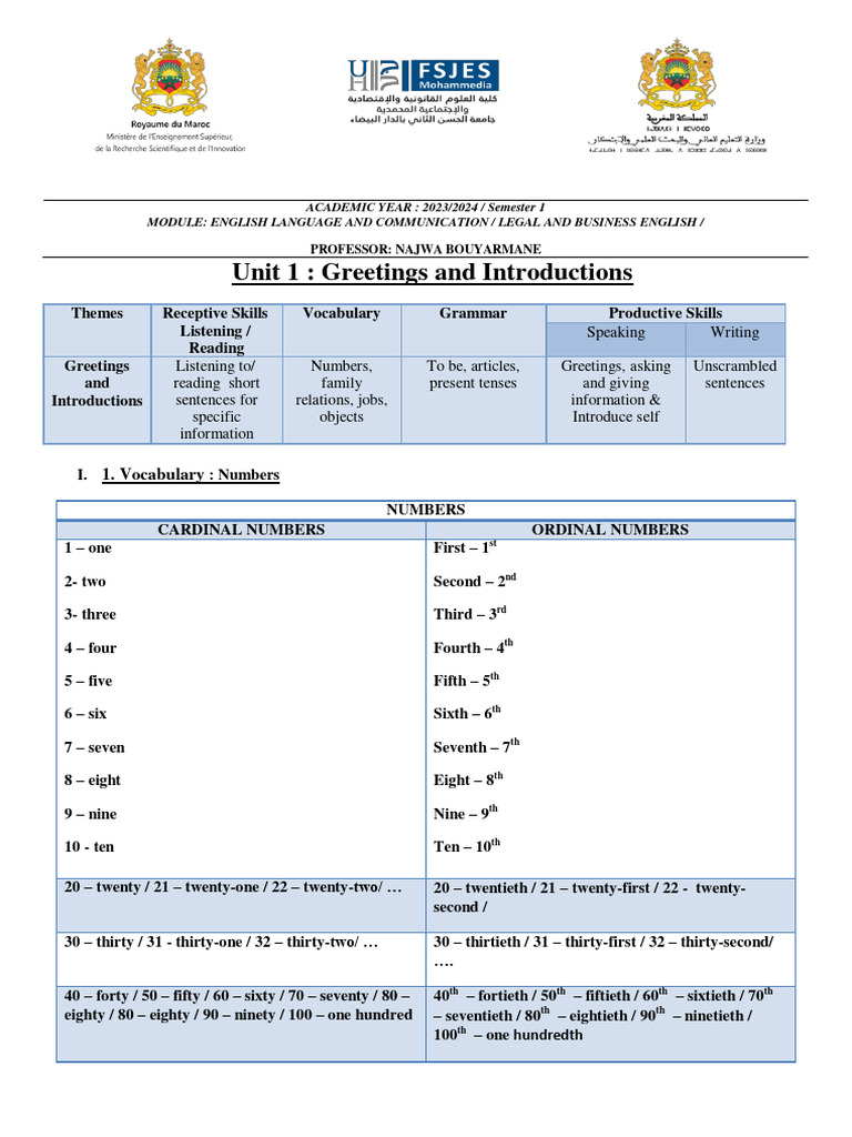 Unit 1 Greetings and Introductions | PDF | Noun | English Language