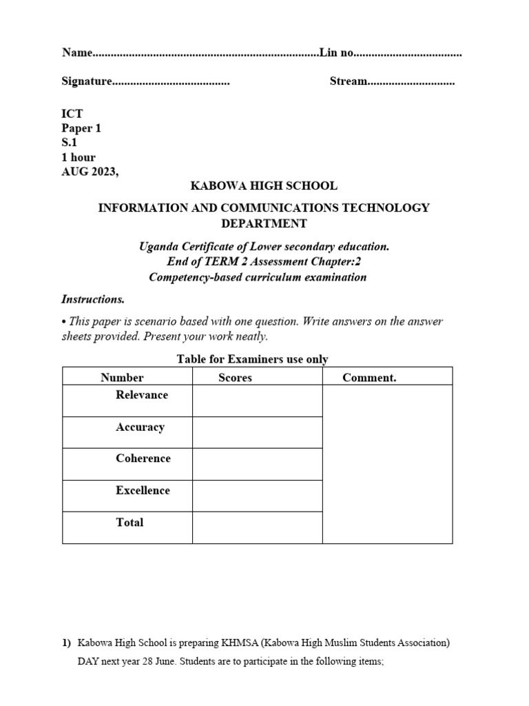 ICT Assessment Paper for Kabowa High School | PDF | Educational ...