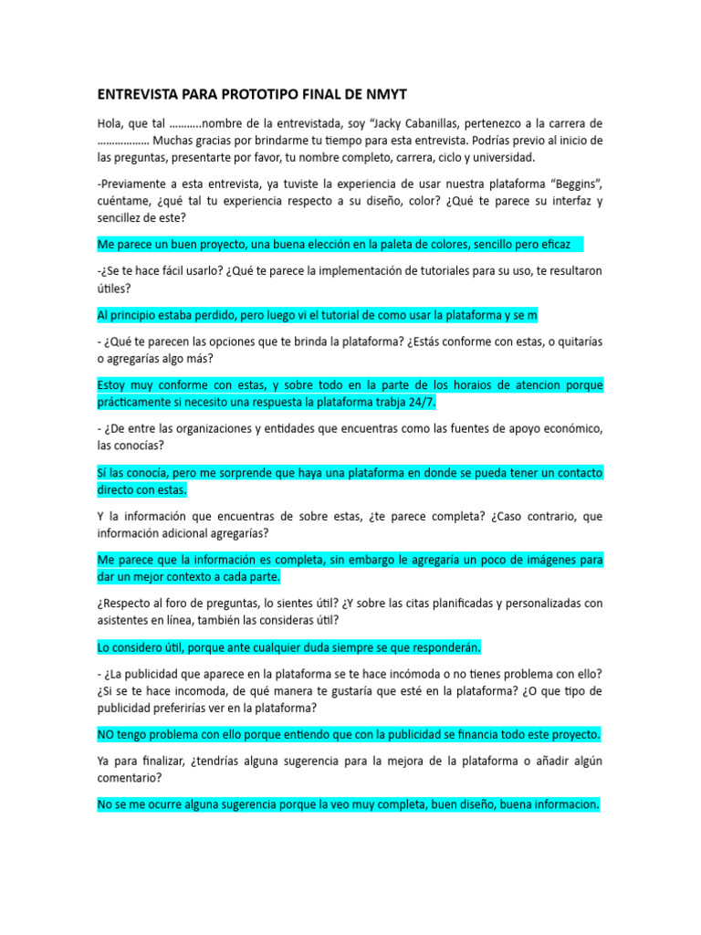 Entrevista para Prototipo Final de Nmyt | PDF