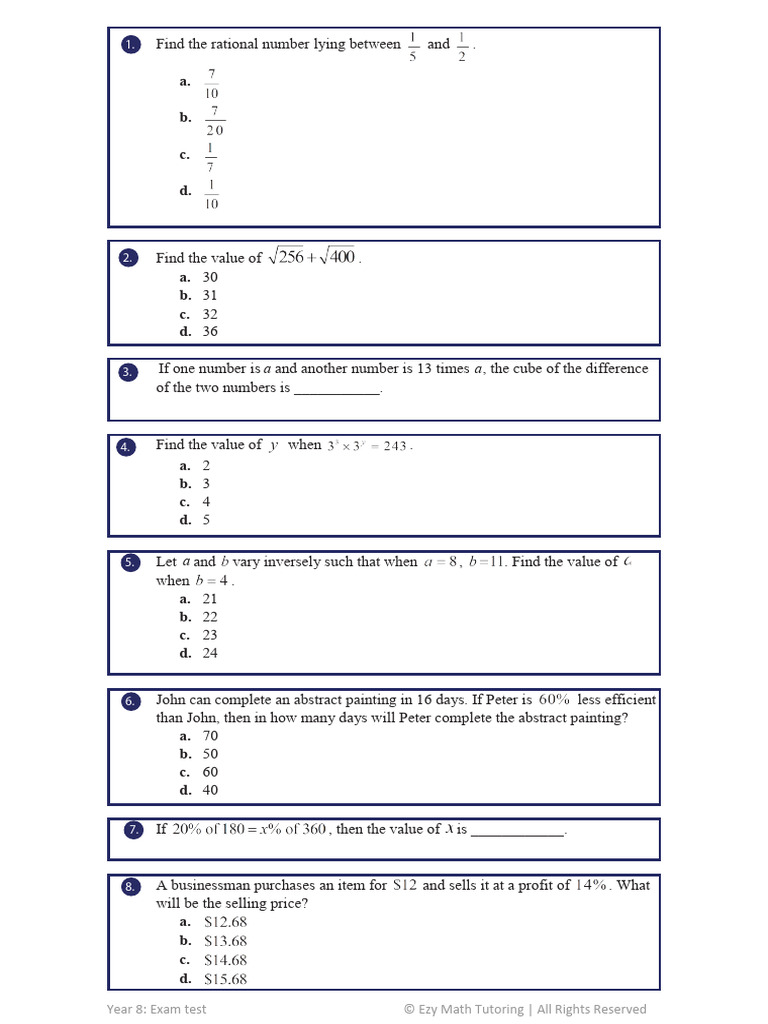 Year 8 Maths Test Yearly Exam Questions PDF Area Mathematics