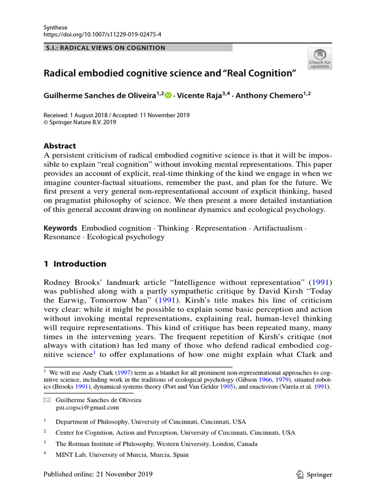 Sanches Oliveira, Raja & Chemero - Radical Embodied Cognitive Science and Real Cognition | PDF ...