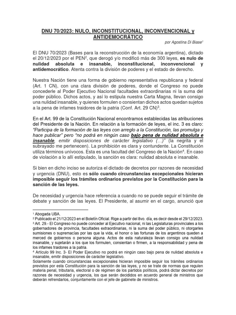 DNU 70-2023 - Breve Análisis (Agostina Di Biase) | Descargar gratis PDF | Mandato | Convenio ...