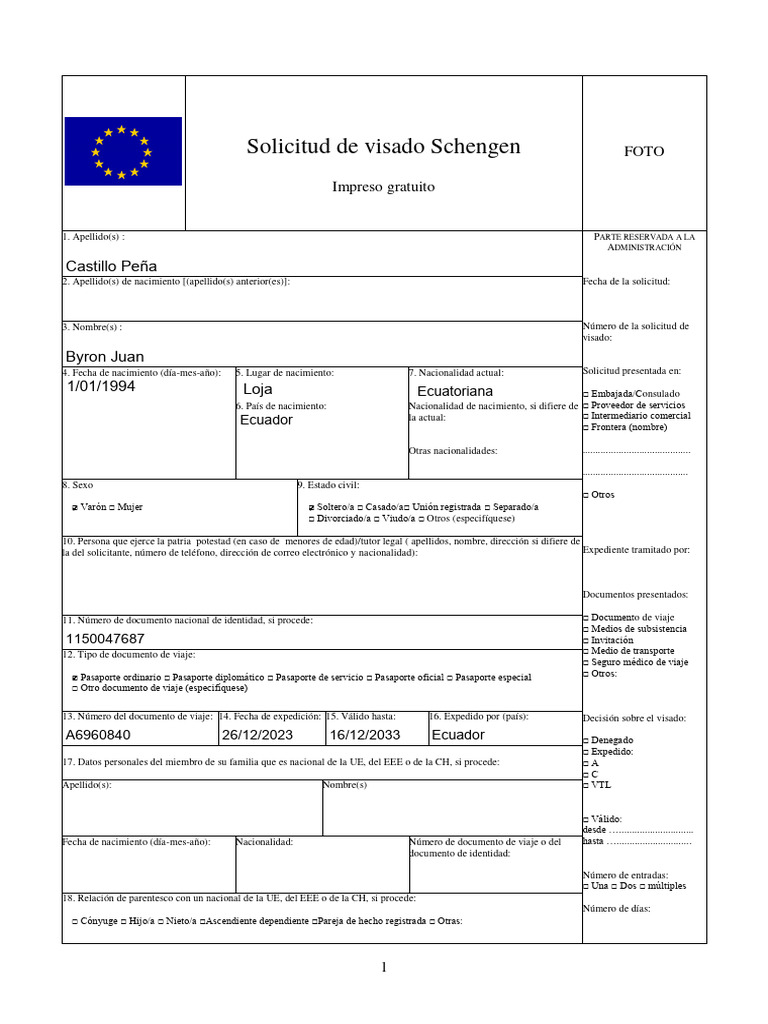 Formulario de Solicitud de Visado Schengen | PDF | Visa de viaje ...