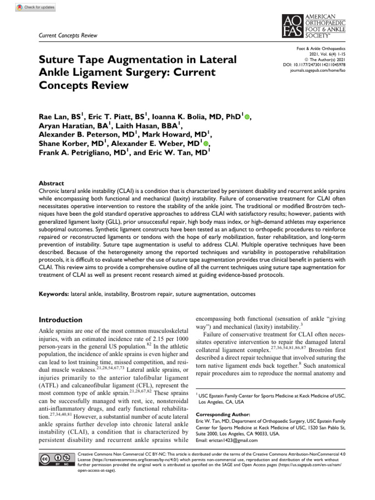 Lan Et Al 2021 Suture Tape Augmentation in Lateral Ankle Ligament ...