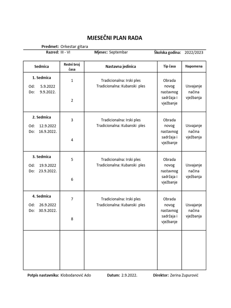 Mjesečni Plan Rada: Orkestar Gitara Predmet | PDF
