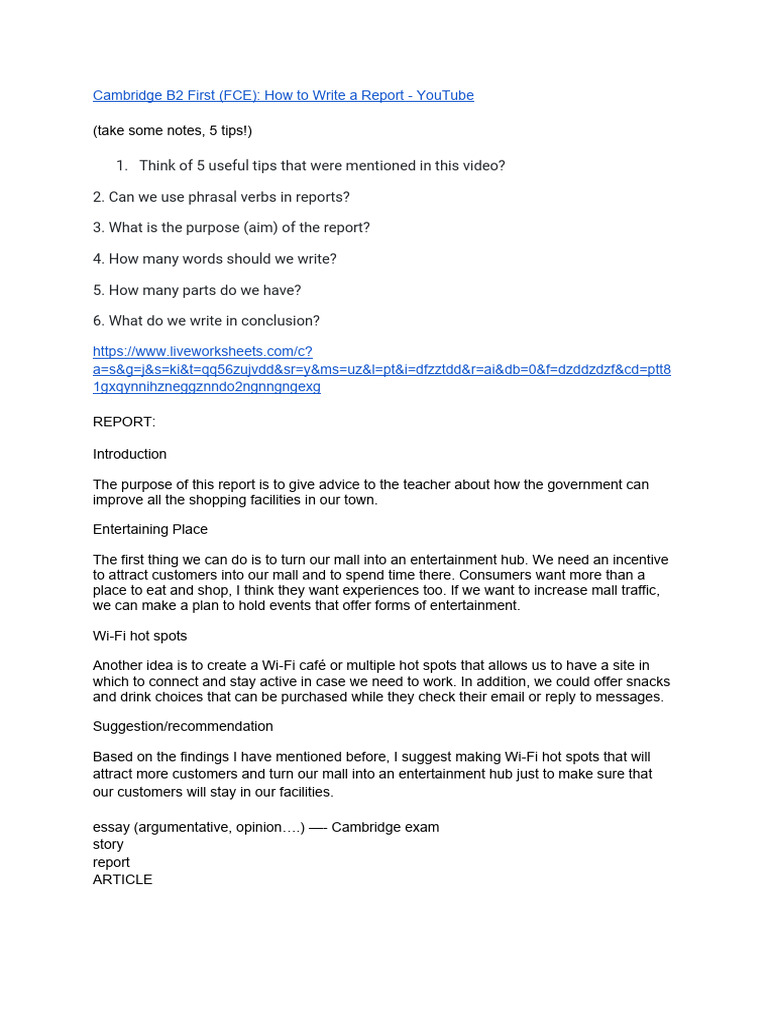 Cambridge B2 First (FCE) - How To Write A Report - YouTube | PDF