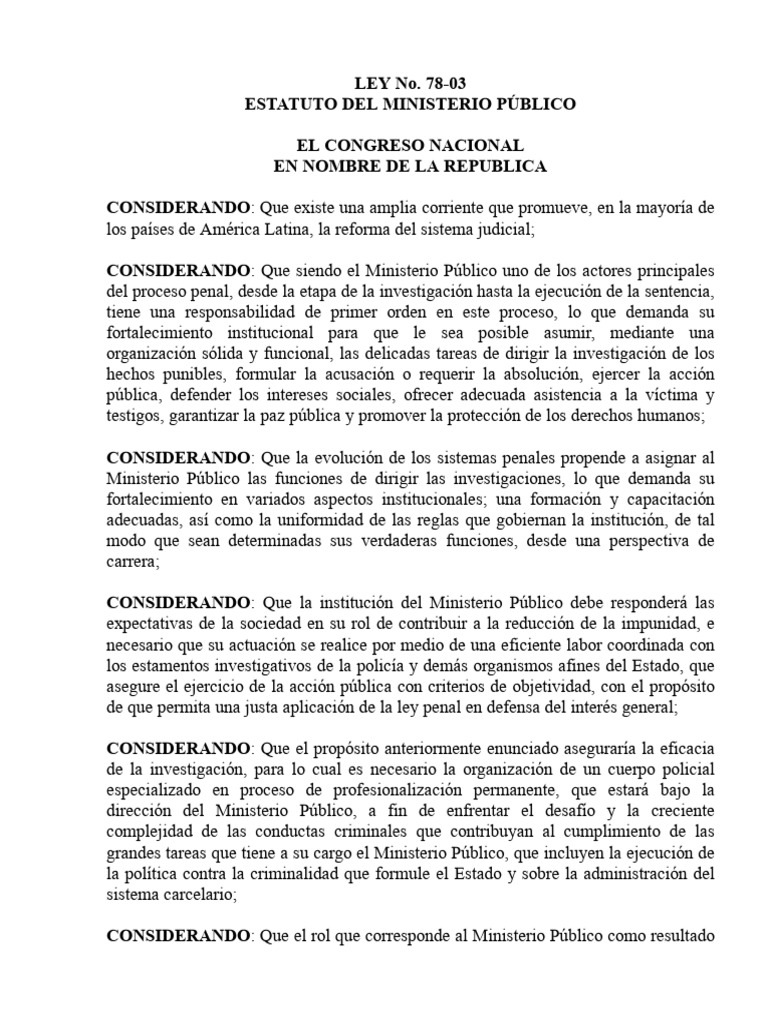 Ley 78-03: Estatuto del Ministerio Público | PDF | Fiscal | Ministerio ...