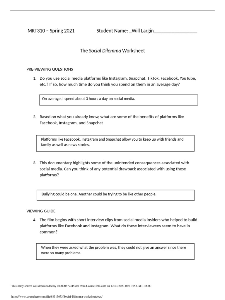 Social Dilemma Worksheet | PDF | Social Media | Popular Culture & Media ...