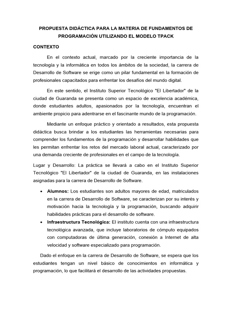 Propuesta Didáctica para La Materia de Fundamentos de Programación Utilizando El Modelo Tpack ...