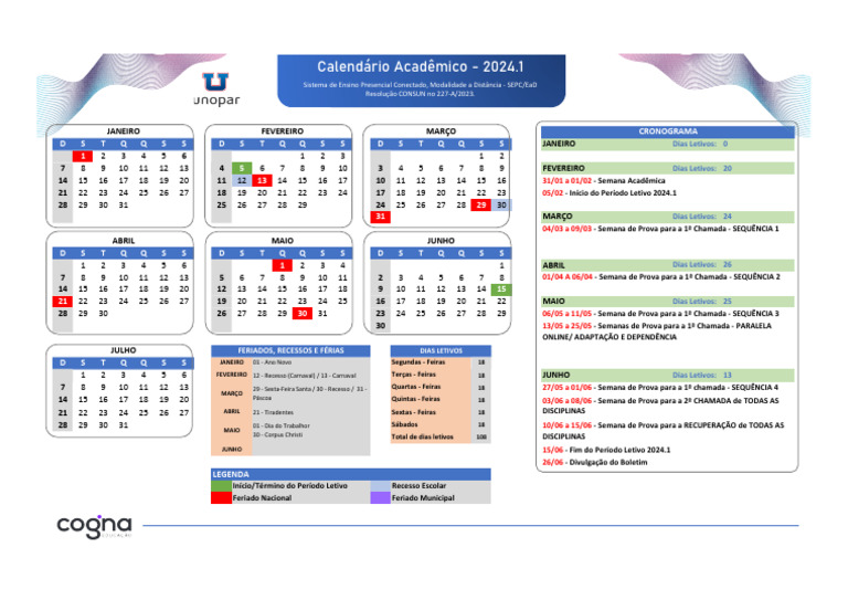 534 Calendário Acadêmico 24.1 - UNOPAR | PDF