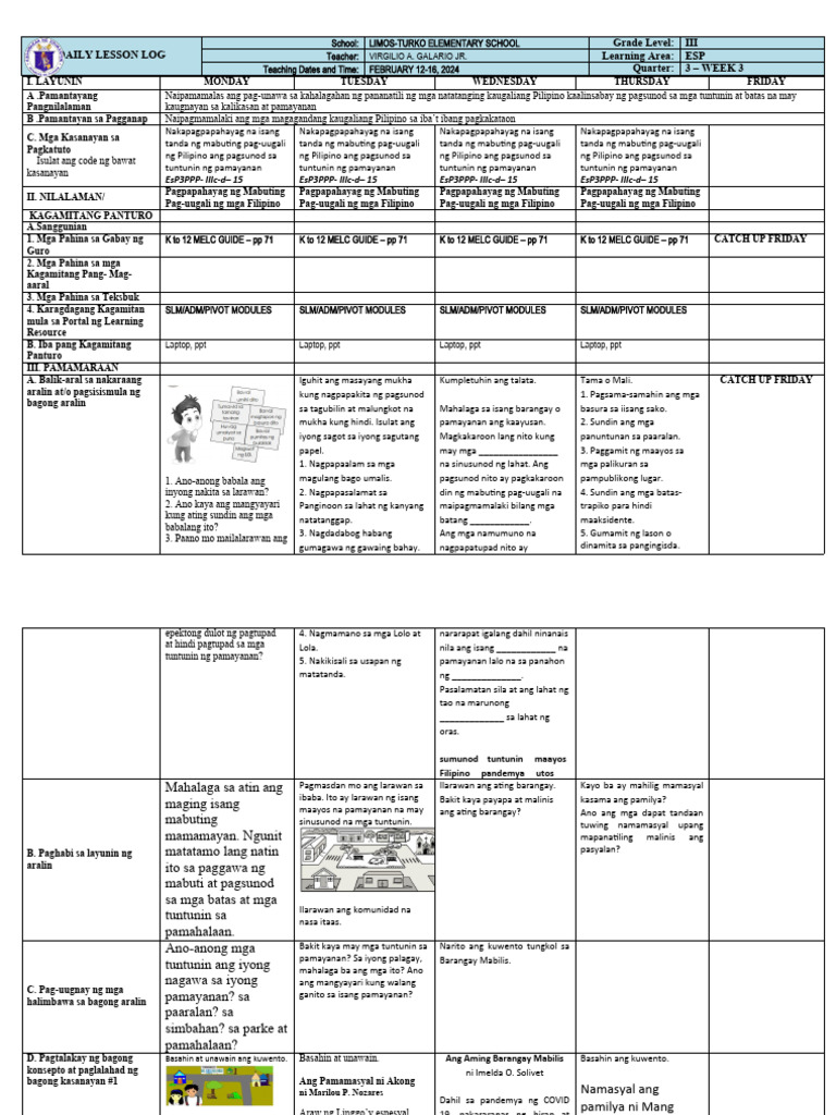 Daily Lesson Log Grade Level: III Learning Area: ESP Quarter: 3 - WEEK ...