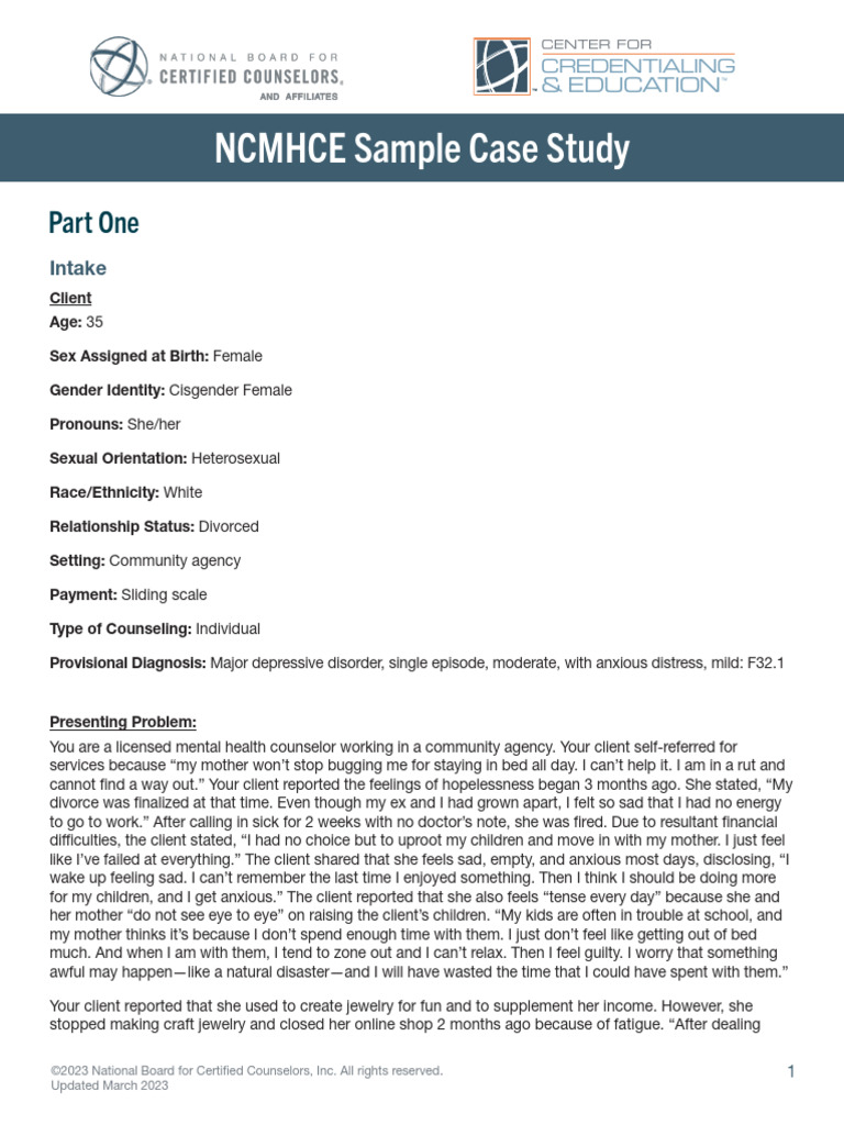 Ncmhce Sample Case Studies | PDF | Psychotherapy | Cognitive Behavioral ... Ncmhce Sample Case Studies | PDF | Psychotherapy | Cognitive Behavioral ...