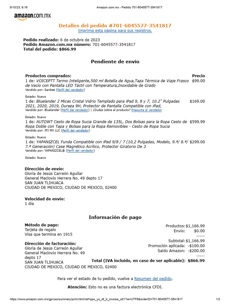 Resumen Pedido Amazon México 6/10/23 | PDF | Equipo | Bienes manufacturados