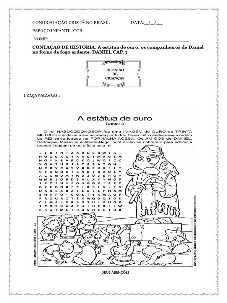 ATIVIDADE - A ESTÁTUA DE OURO - OS COMPANHEIROS DE DANIEL NO FORNO DE FOGO ARDENTE | PDF ...