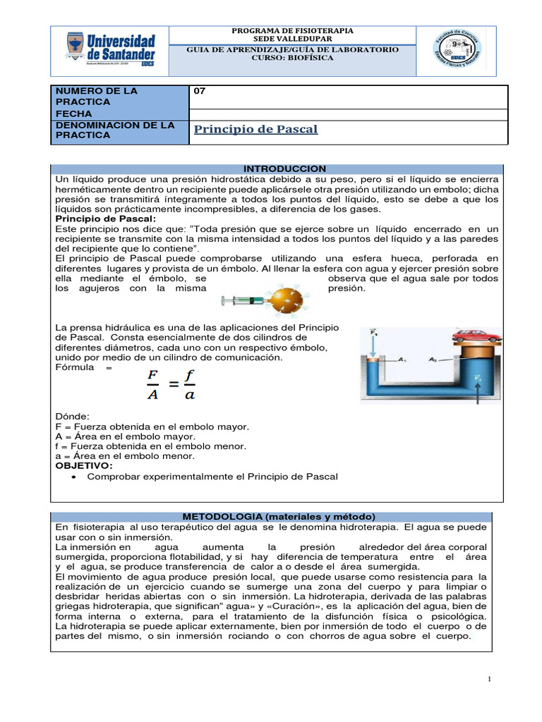 LAB 7 - Principio de Pascal | PDF | Líquidos | Física Aplicada e Interdisciplinaria